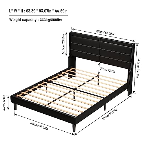 Origeture Queen Size Bed Frame with RGBW LED Lights Leather Headboard, Heavy-Duty Leather Upholstered Platform Bed with Thicker Wooden Slats Support, Noise-Free, Easy Assembly, Black