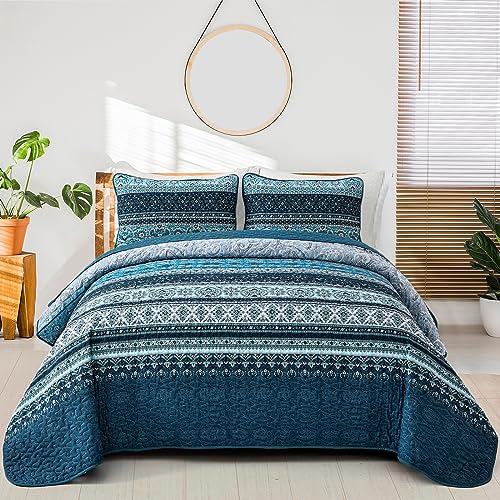 WONGS BEDDING Boho King Quilt Set, Blue Bohemian King Quilt Bedding Set, Lightweight Microfiber Bed Decor Bedspread for All Season 103"x90"(3 Pieces)