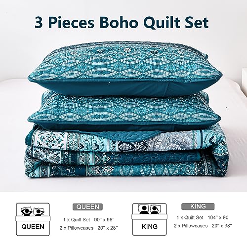 WONGS BEDDING Boho King Quilt Set, Blue Bohemian King Quilt Bedding Set, Lightweight Microfiber Bed Decor Bedspread for All Season 103"x90"(3 Pieces)