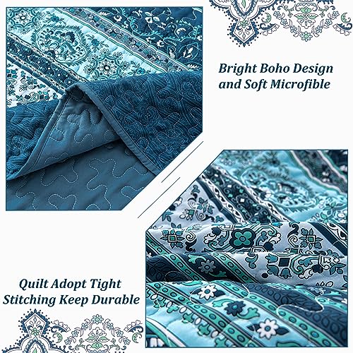 WONGS BEDDING Boho King Quilt Set, Blue Bohemian King Quilt Bedding Set, Lightweight Microfiber Bed Decor Bedspread for All Season 103"x90"(3 Pieces)