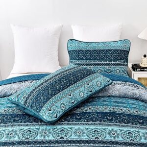 WONGS BEDDING Boho King Quilt Set, Blue Bohemian King Quilt Bedding Set, Lightweight Microfiber Bed Decor Bedspread for All Season 103"x90"(3 Pieces)