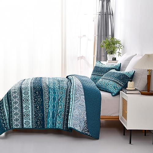 WONGS BEDDING Boho King Quilt Set, Blue Bohemian King Quilt Bedding Set, Lightweight Microfiber Bed Decor Bedspread for All Season 103"x90"(3 Pieces)