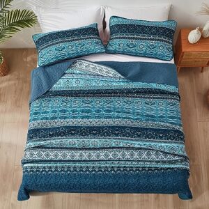 WONGS BEDDING Boho King Quilt Set, Blue Bohemian King Quilt Bedding Set, Lightweight Microfiber Bed Decor Bedspread for All Season 103"x90"(3 Pieces)