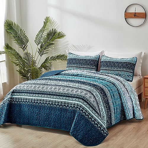 WONGS BEDDING Boho King Quilt Set, Blue Bohemian King Quilt Bedding Set, Lightweight Microfiber Bed Decor Bedspread for All Season 103"x90"(3 Pieces)