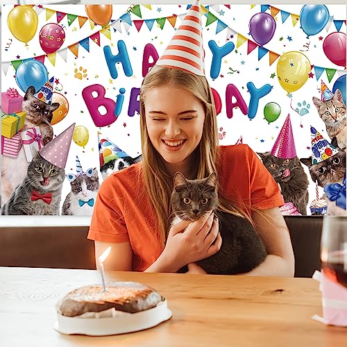 Dog Cat Happy Birthday Backdrop Banner Puppy Photography Background Banner Cartoon Cat Photo Backdrop Birthday Party Decorations for Dog Cat Owner Birthday Party Pet Party Supplies (Cat)