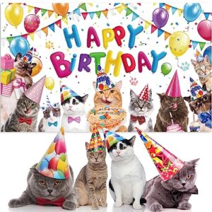 Dog Cat Happy Birthday Backdrop Banner Puppy Photography Background Banner Cartoon Cat Photo Backdrop Birthday Party Decorations for Dog Cat Owner Birthday Party Pet Party Supplies (Cat)