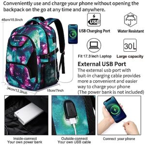 Backpack for College Large Bookbag Travel Business with USB Charging Port, Travel Laptop Backpack Work Bag, Anti Theft Durable Water Resistant Computer Bag Fit Laptop Up to 17.3 Inch, Galaxy - Green