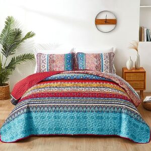 boho quilt set queen size, bohemian red strip 3 pieces bedspread set lightweight microfiber all season christmas bedding coverlet set for queen bed (96"x90")