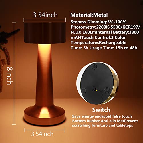 Nusogon Cordless Table Lamp, Rechargeable Battery Operated Lamp, 3 Way Modes & Stepless Dimmable LED Touch Lamp, Portable LED Metal Desk Lamps for Bedroom Living Room Restaurant Outdoor(Gold-2pack)