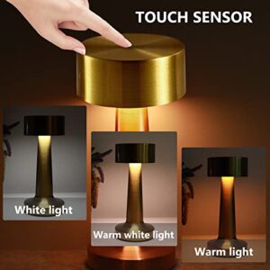 Nusogon Cordless Table Lamp, Rechargeable Battery Operated Lamp, 3 Way Modes & Stepless Dimmable LED Touch Lamp, Portable LED Metal Desk Lamps for Bedroom Living Room Restaurant Outdoor(Gold-2pack)