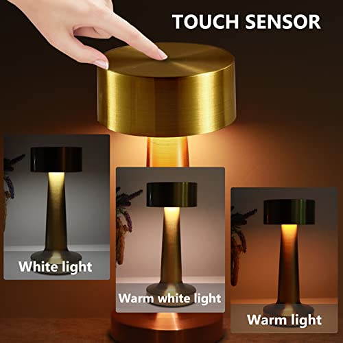 Nusogon Cordless Table Lamp, Rechargeable Battery Operated Lamp, 3 Way Modes & Stepless Dimmable LED Touch Lamp, Portable LED Metal Desk Lamps for Bedroom Living Room Restaurant Outdoor(Gold-2pack)