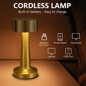 Nusogon Cordless Table Lamp, Rechargeable Battery Operated Lamp, 3 Way Modes & Stepless Dimmable LED Touch Lamp, Portable LED Metal Desk Lamps for Bedroom Living Room Restaurant Outdoor(Gold-2pack)