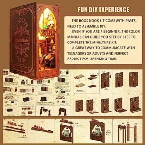 DIY Book Nook Kit,Dollhouse BookNook Bookshelf,3D Wooden Puzzle Bookends, Book Nook Miniature Kits with LED Light for Adults