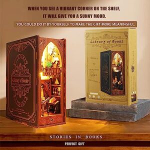 DIY Book Nook Kit,Dollhouse BookNook Bookshelf,3D Wooden Puzzle Bookends, Book Nook Miniature Kits with LED Light for Adults