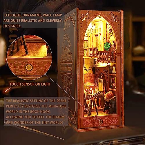 DIY Book Nook Kit,Dollhouse BookNook Bookshelf,3D Wooden Puzzle Bookends, Book Nook Miniature Kits with LED Light for Adults