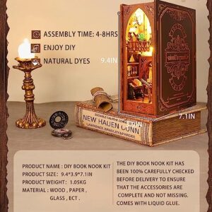 DIY Book Nook Kit,Dollhouse BookNook Bookshelf,3D Wooden Puzzle Bookends, Book Nook Miniature Kits with LED Light for Adults