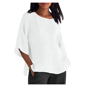 plus size linen tops for women women's 3/4 sleeve cotton linen jacquard blouses t-shirt cotton tunic tops v neck shirts casual summer tops loose fit blouses womens plus size summer tops white xxl