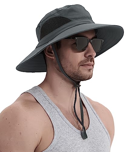 Wmcaps Sun Hats for Men Women, UPF 50+ Wide Brim Waterproof Boonie Bucket Hat for Fishing, Hiking, Garden, Safari, Outdoor Dark Grey