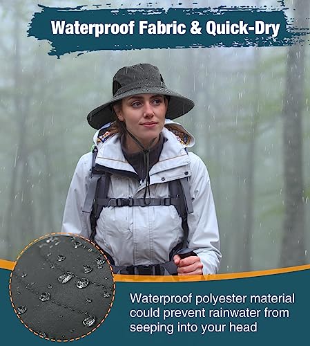 Wmcaps Sun Hats for Men Women, UPF 50+ Wide Brim Waterproof Boonie Bucket Hat for Fishing, Hiking, Garden, Safari, Outdoor Dark Grey