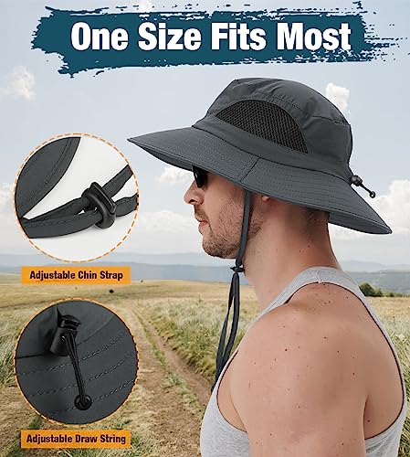 Wmcaps Sun Hats for Men Women, UPF 50+ Wide Brim Waterproof Boonie Bucket Hat for Fishing, Hiking, Garden, Safari, Outdoor Dark Grey