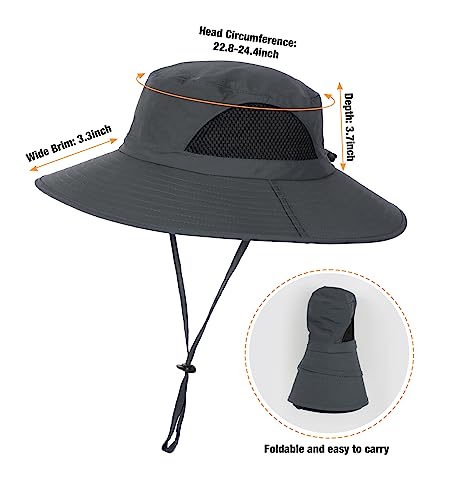 Wmcaps Sun Hats for Men Women, UPF 50+ Wide Brim Waterproof Boonie Bucket Hat for Fishing, Hiking, Garden, Safari, Outdoor Dark Grey