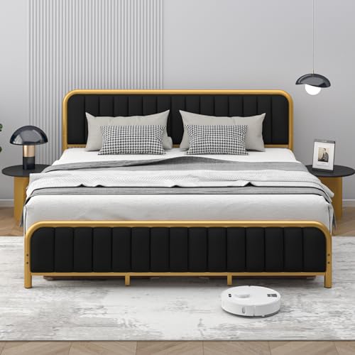 DOGIBIXO Gold Bed Frame King Size with LED Lights, Black Upholstered Bed Frame with Tufted Headboard and Footboard, Metal Slats Support, Noise-Free, No Box Spring Needed