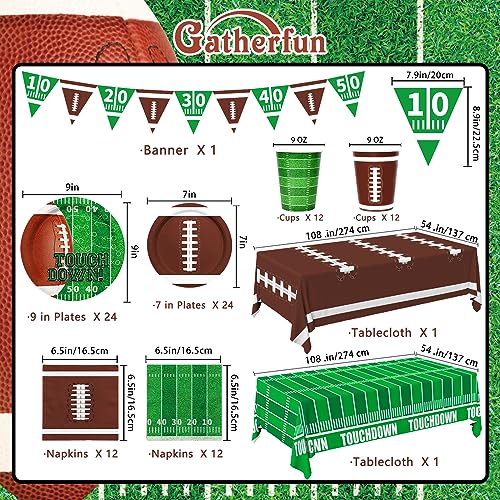 Football Party Supplies Kit Serve 24,Includes Dinner Plates, Dessert Plates, Napkins, Cups,Banner and Touchdown Tablecloth for Football Birthday Party Football Gameday Tailgate Party Decorations