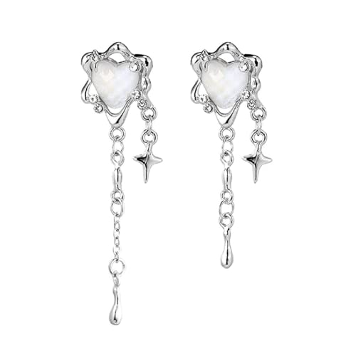 Y2K Moonstone Heart Tassel Silver Star Dangle Drop Earrings For Women Girls-A