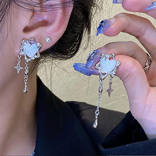 Y2K Moonstone Heart Tassel Silver Star Dangle Drop Earrings For Women Girls-A