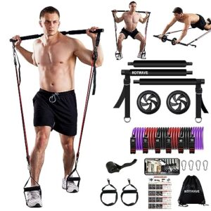 hotwave pilates bar kit with resistance bands. fitness bar with ab roller for abs workout. squat machine.core strength training equipment.portable home gym for men and women