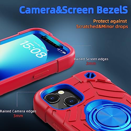 KCJ for iPhone 13 Mini case/iPhone 12 Mini case 5.4 Inch with Ring Holder, with 2 Pack Screen Protector + 1 Pack Camera Lens Protector,Heavy-Duty Military Grade Protector Cover. (Red+Blue)