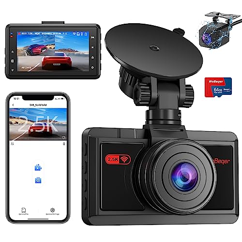 Dash Cam Front and Rear with WiFi, 2.5K Front & 1080P Rear Dual Dashcam for Car, Dash Camera with Super Night Vision, Parking Mode, Free 64G SD Card, 170° Wide Angle, G-Sensor, APP Control, Real WDR