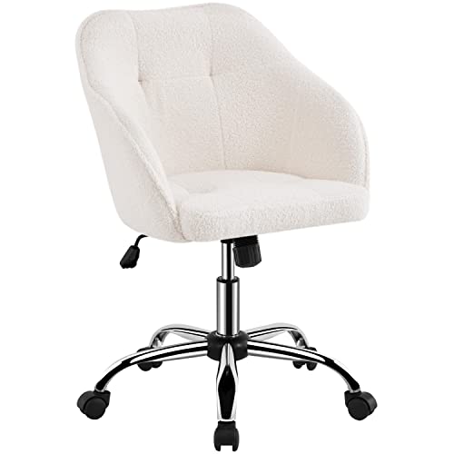 Yaheetech Modern Boucle Desk Chair, Makeup Vanity Chair with Adjustable Tilt Angle, Swivel Office Chair Upholstered Armchair Study Chair for Home Makeup Room Ivory