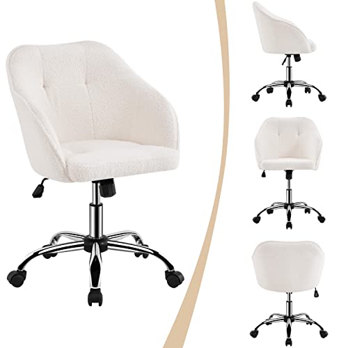 Yaheetech Modern Boucle Desk Chair, Makeup Vanity Chair with Adjustable Tilt Angle, Swivel Office Chair Upholstered Armchair Study Chair for Home Makeup Room Ivory