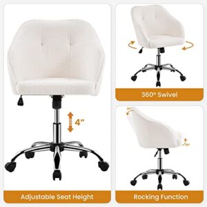 Yaheetech Modern Boucle Desk Chair, Makeup Vanity Chair with Adjustable Tilt Angle, Swivel Office Chair Upholstered Armchair Study Chair for Home Makeup Room Ivory