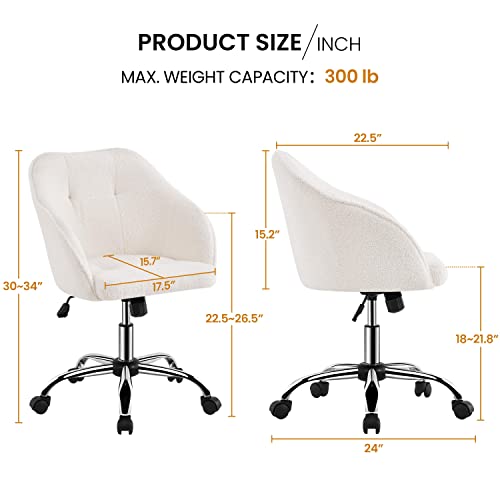 Yaheetech Modern Boucle Desk Chair, Makeup Vanity Chair with Adjustable Tilt Angle, Swivel Office Chair Upholstered Armchair Study Chair for Home Makeup Room Ivory