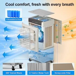 Cozzyben 3 in 1 Swamp Cooler, 2100CFM Evaporative Air Cooler, Portable Ac Unit Air Conditioner 100°Oscillation, 3 Speed, 24H Timer, 4 Ice Packs & 5.3 Gal Water Tank for Garage, Patio, Outdoor