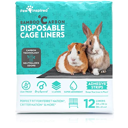 Paw Inspired Disposable Guinea Pig Cage Liners | Bamboo Charcoal Odor Controlling | Super Absorbent Liners Pee Pads for Ferrets, Rabbits, Hamsters, and Small Animals (34x24 (Critter Nation) -12 ct)