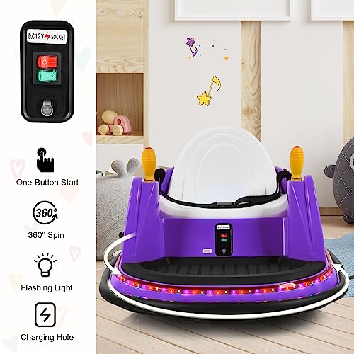 Costzon Bumper Car for Kids, 12V Battery Powered Bumping Car w/Remote Control, Dual Joysticks, 360 Degree Spin, Slow Star, Flashing Lights, Music, Electric Ride on Toy Vehicle for Toddlers (Purple)