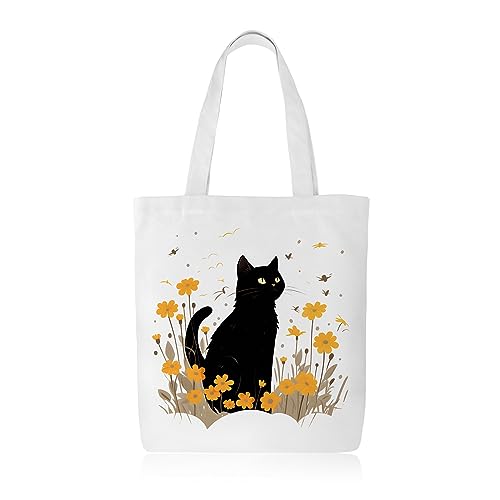 KoovDem Cute Cat Canvas Tote Bag - Large Size 16x15 Inches Women Canvas Shopping Bag,Gifts For Cat Lovers,Reusable Grocery Bag,Teacher Bag,Beach Bag, Gift Bag(Black Cat)