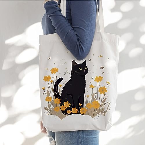 KoovDem Cute Cat Canvas Tote Bag - Large Size 16x15 Inches Women Canvas Shopping Bag,Gifts For Cat Lovers,Reusable Grocery Bag,Teacher Bag,Beach Bag, Gift Bag(Black Cat)