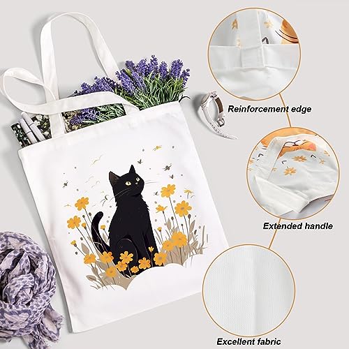 KoovDem Cute Cat Canvas Tote Bag - Large Size 16x15 Inches Women Canvas Shopping Bag,Gifts For Cat Lovers,Reusable Grocery Bag,Teacher Bag,Beach Bag, Gift Bag(Black Cat)