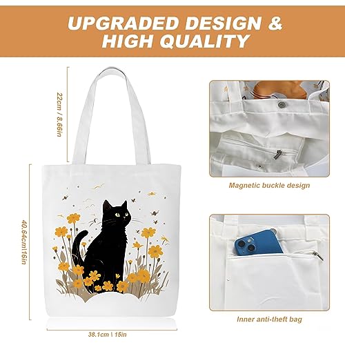 KoovDem Cute Cat Canvas Tote Bag - Large Size 16x15 Inches Women Canvas Shopping Bag,Gifts For Cat Lovers,Reusable Grocery Bag,Teacher Bag,Beach Bag, Gift Bag(Black Cat)