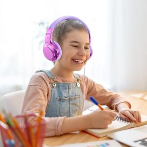 QearFun Headphones for Girls Kids for School, Kids Wired Headphones with Microphone & 3.5mm Jack, Teens Noise Cancelling Headphone with Adjustable Headband for Tablet/Smartphones-Gradient Light purple