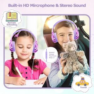 QearFun Headphones for Girls Kids for School, Kids Wired Headphones with Microphone & 3.5mm Jack, Teens Noise Cancelling Headphone with Adjustable Headband for Tablet/Smartphones-Gradient Light purple