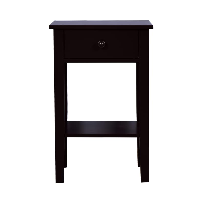 2 Tiers Nightstand, End Table with Drawer (Fully Assembled), 25.5" Height Floor Standing Storage Cabinet with Shelf, Solid Wood Side Table for Bedroom, Bathroom, 12.5" D x 16.2" W x 25.5" H (Brown)