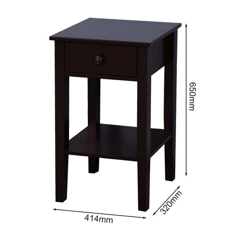 2 Tiers Nightstand, End Table with Drawer (Fully Assembled), 25.5" Height Floor Standing Storage Cabinet with Shelf, Solid Wood Side Table for Bedroom, Bathroom, 12.5" D x 16.2" W x 25.5" H (Brown)