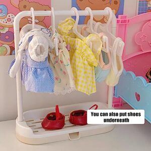 SUPERFINDINGS Plastic Doll Garment Rack with 10pcs Clothes Hanger White Mini Doll Clothes Display Stand Dress Outfit Holders Miniature Dollhouse Accessories with Storage Base for Closets 170x25x197mm