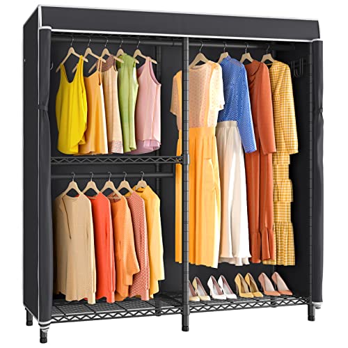 VIPEK V4C Double Clothing Rack with Cover Protable Closet for Hanging Clothes, Heavy Duty Garment Rack Metal Wardrobe Storage System with Adjustable Shelves & 2 Side Hooks, Black Rack with Black Cover