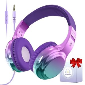 qearfun headphones for girls kids for school, kids wired headphones with microphone & 3.5mm jack, teens noise cancelling headphone with adjustable headband for tablet/smartphones-gradient deep purple